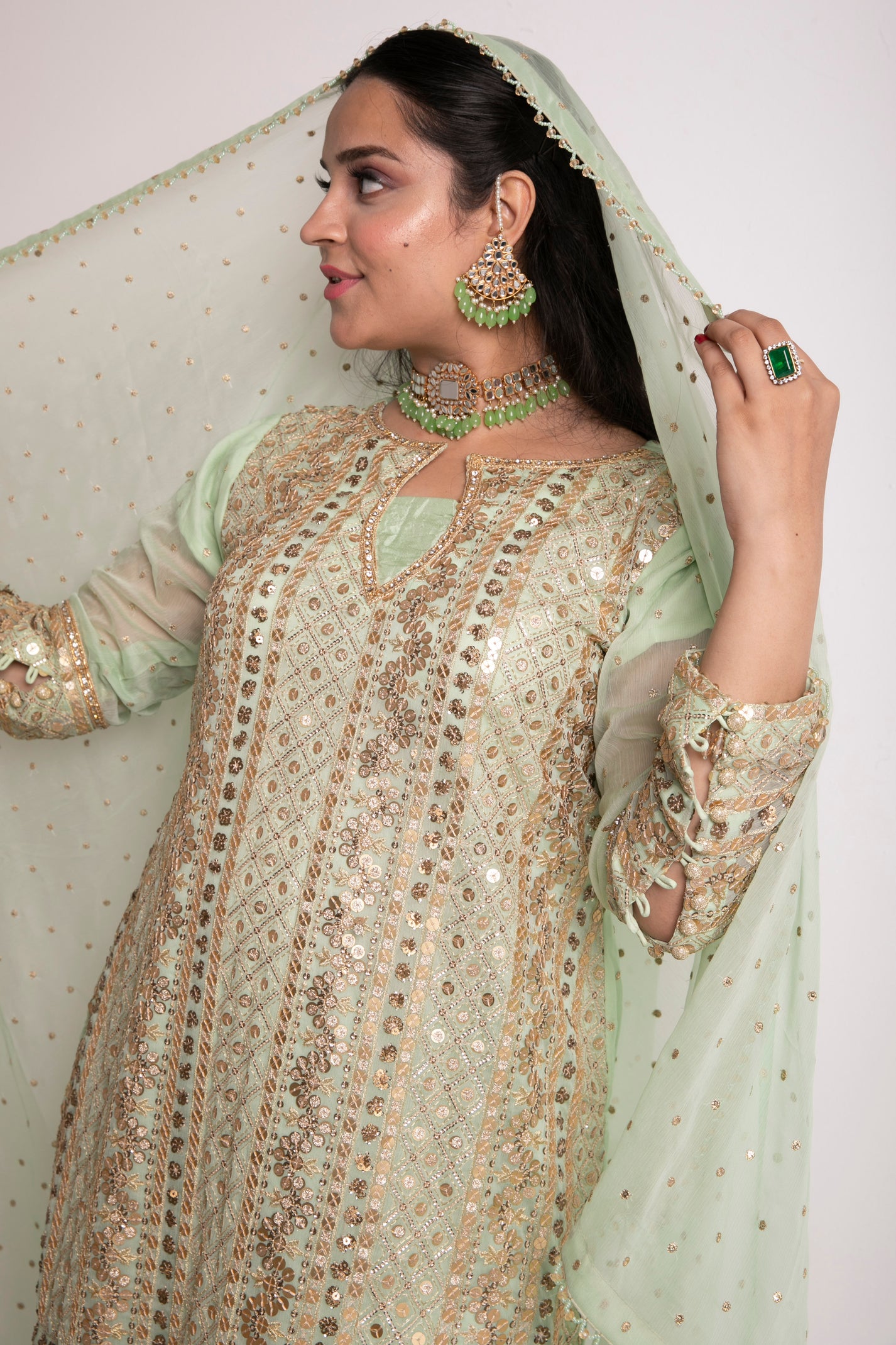 MAHA Tea Green Chiffon Suit - Elegant 4-Piece Outfit